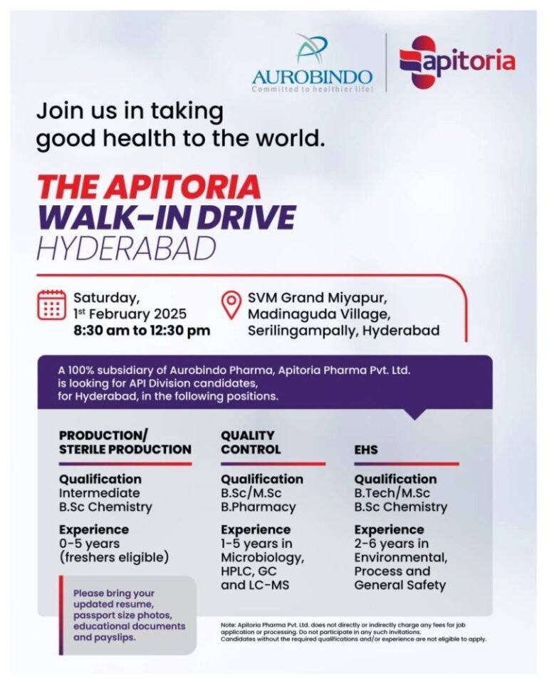 Apitoria(Aurobindo) is hiring for Production/ Sterile Production ...