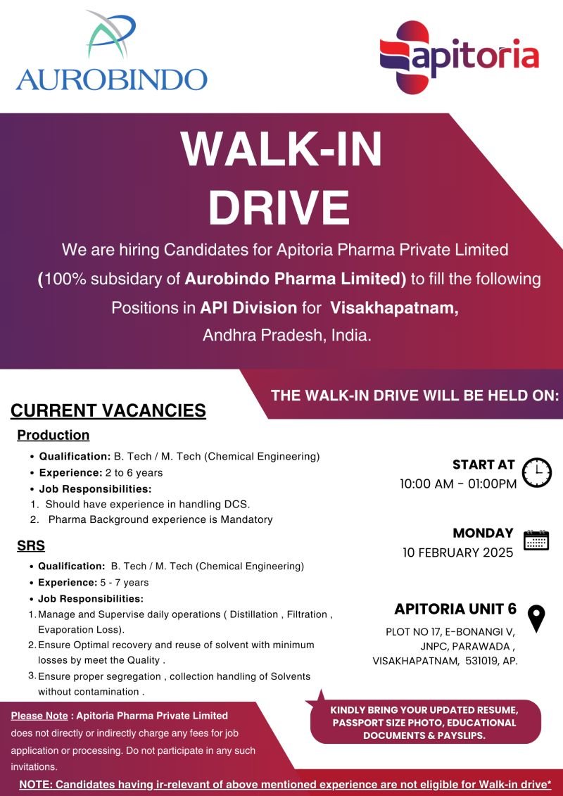Apitoria(aurobindo) is hiring for Production, SRS Departments(API Division) - Pharma Jobs india