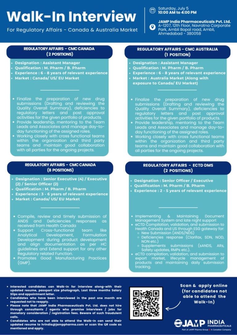 JAMP India Pharmaceuticals is hiring for RA Department for multiple positions - Pharma Jobs India