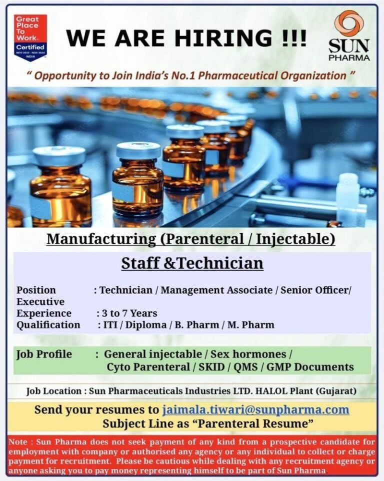 Sun Pharma is hiring for Manufacturing (Parenteral/Injectable ...