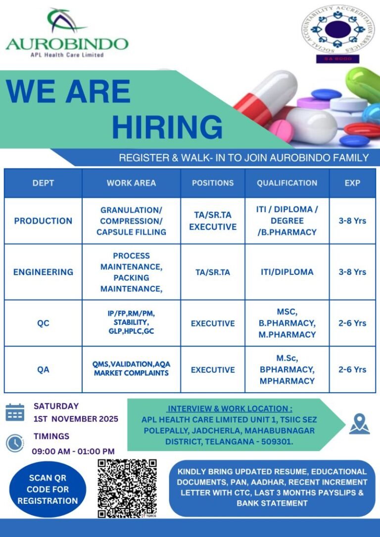 Aurobindo Pharma Jobs 2025 | APL Health Care Jadcherla