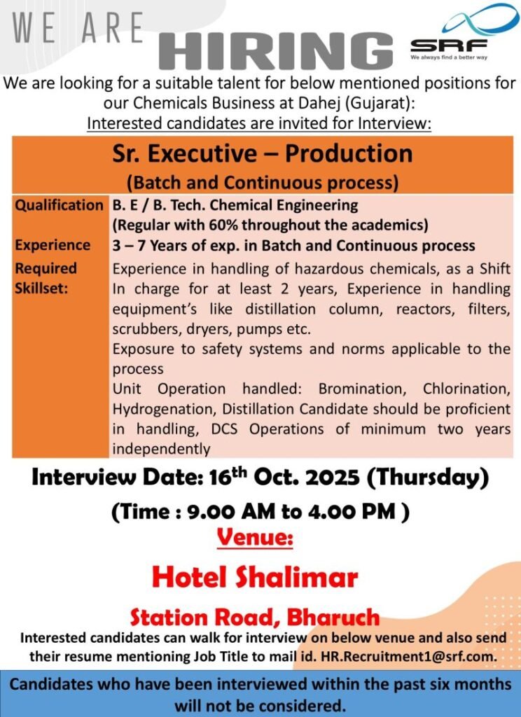 SRF Limited Walk-In Drive 2025 | Production Department Jobs in Dahej ...